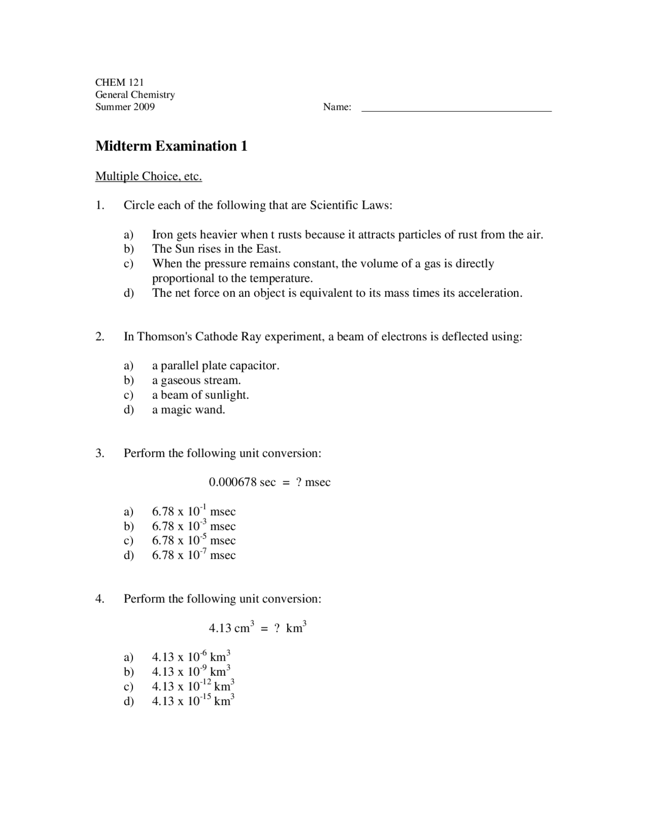 Midterm Exam 1 | General Chemistry I | CHEM 121 - Docsity