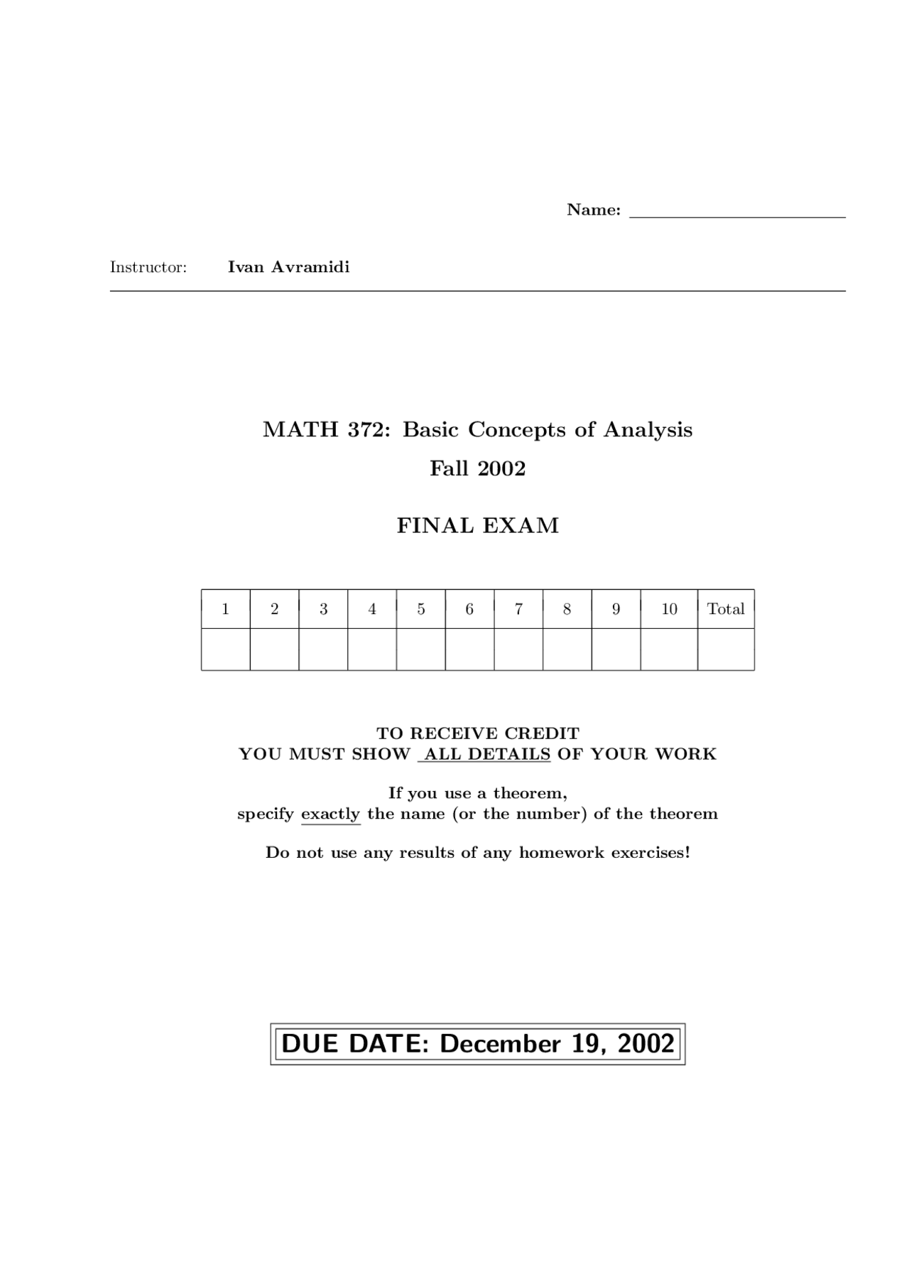 10 Questions On Basic Concepts Of Analysis Final Exam Math 372 Docsity