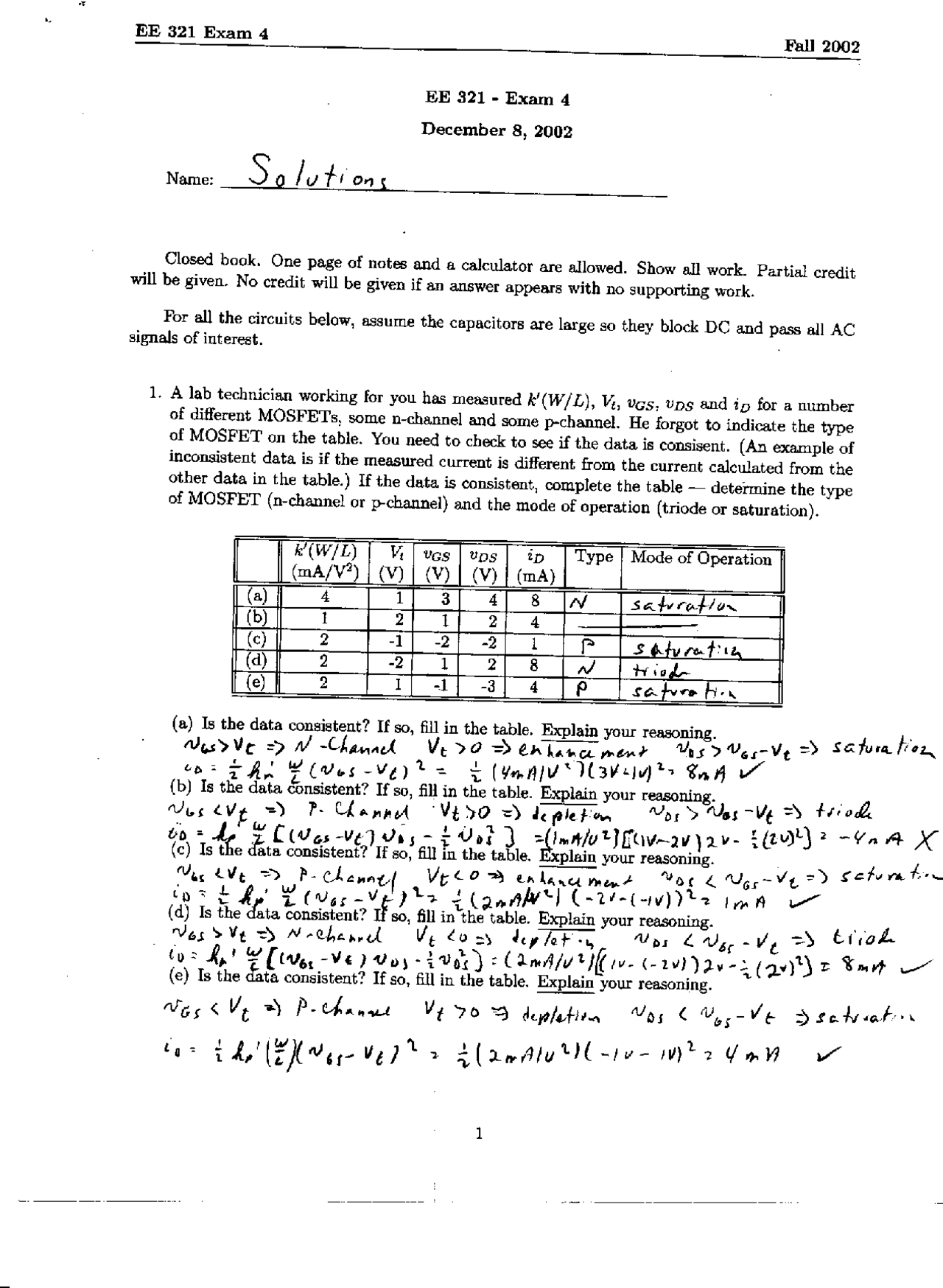 Exam 4 Questions With Solutions For Analogue Electronics Ee 321 Docsity