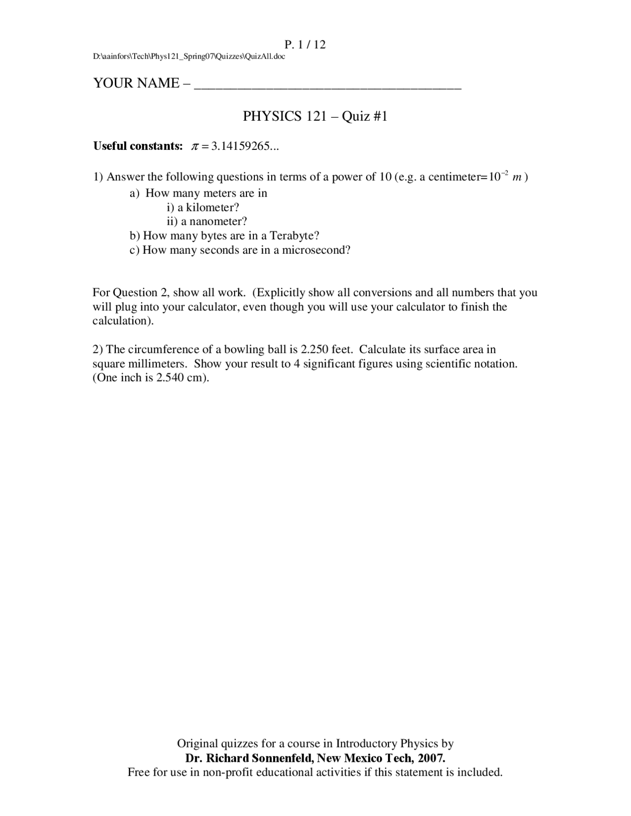 Quiz 1 With Useful Constants General Physics I Phys 121 Docsity