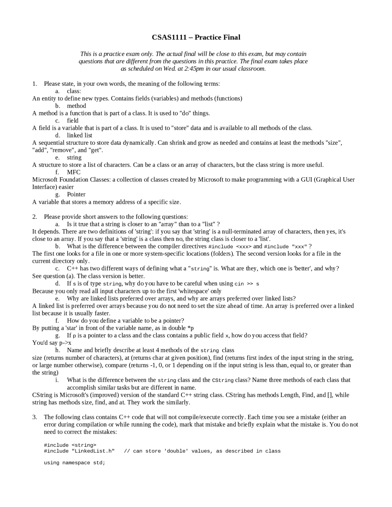 Practice Final Exam Introduction To Computer Science I Csas 1111