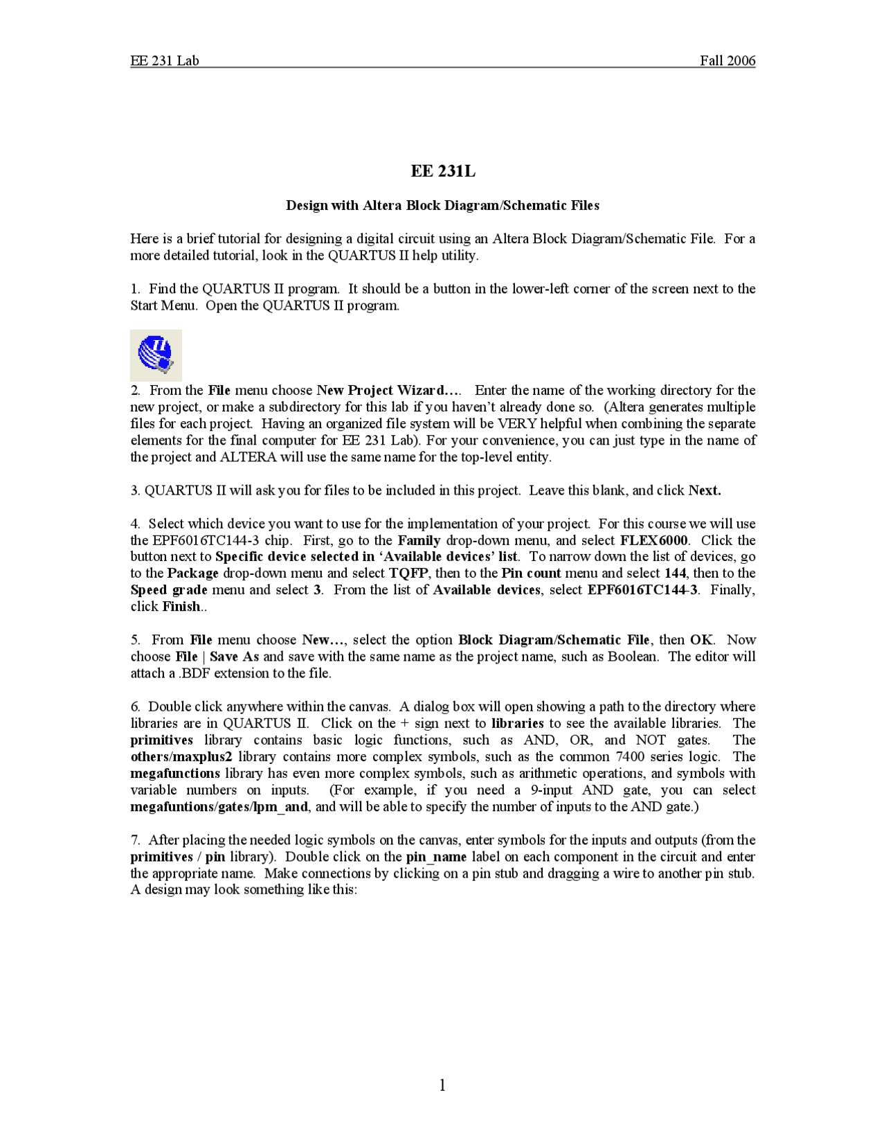 Lab on Design with Altera Block Diagram/Schematic Files | EE 231L - Docsity