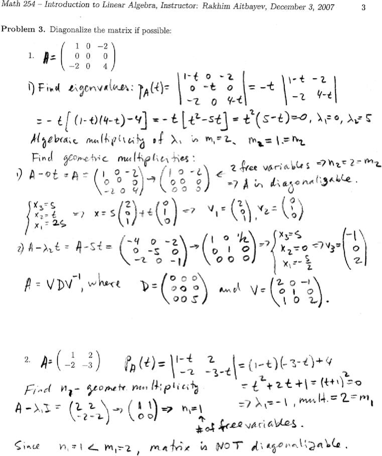 Solution Key For Practice Problem Introduction To Linear Algebra