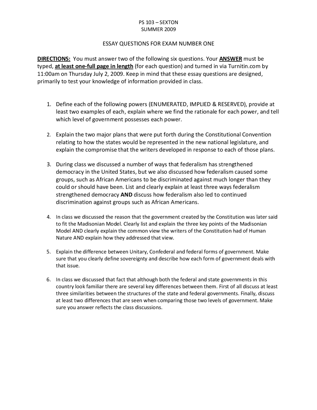 U S Political System Questions For Exam 1 Ps 103 Docsity