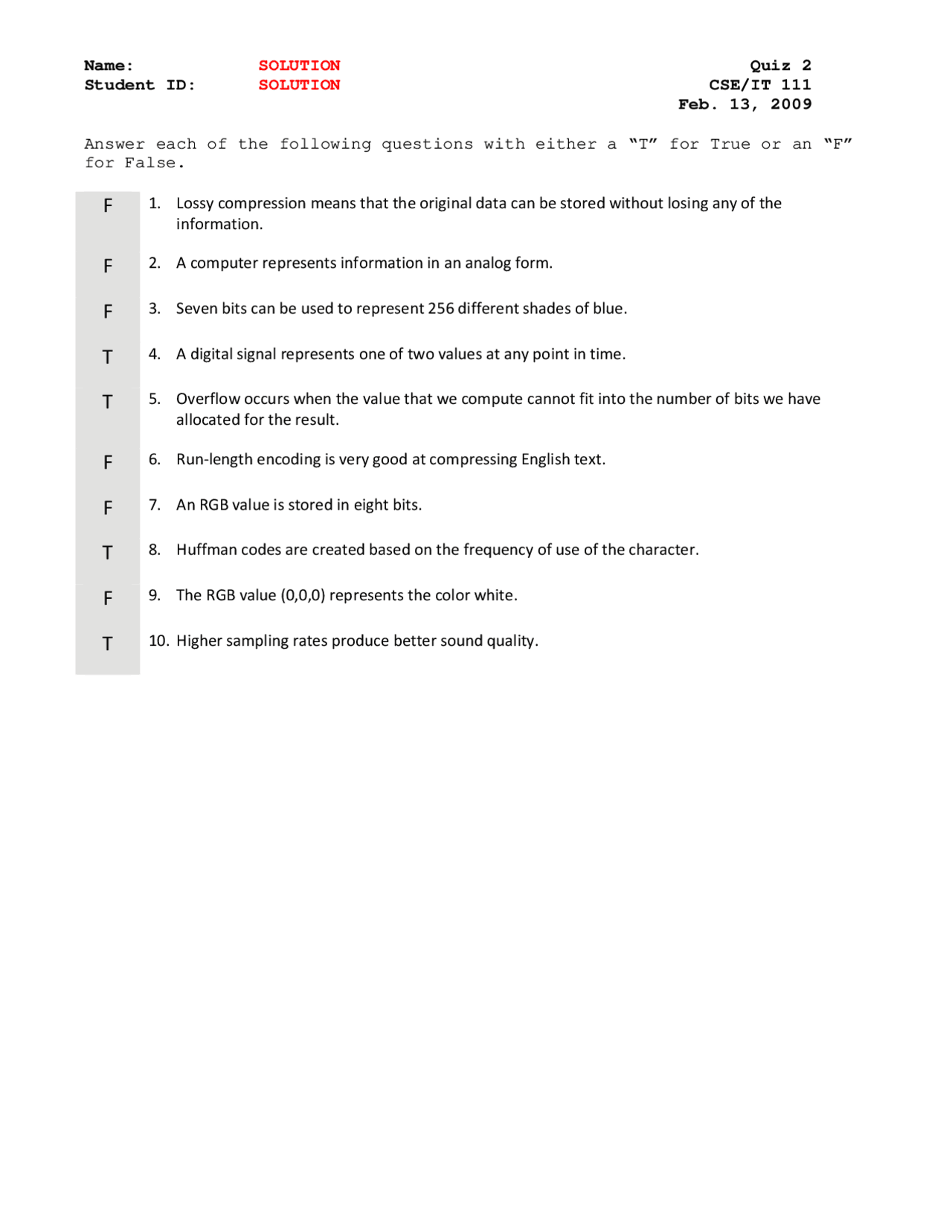 Solutions To Quiz 2 Introduction To Computer Science And Programming It 111 Docsity