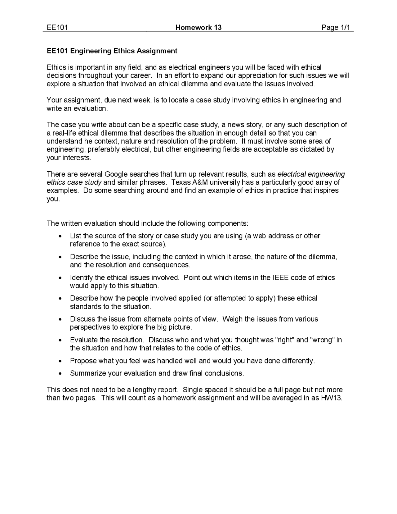 Engineering Ethics Assignment Homework 13 Ee 101 Docsity