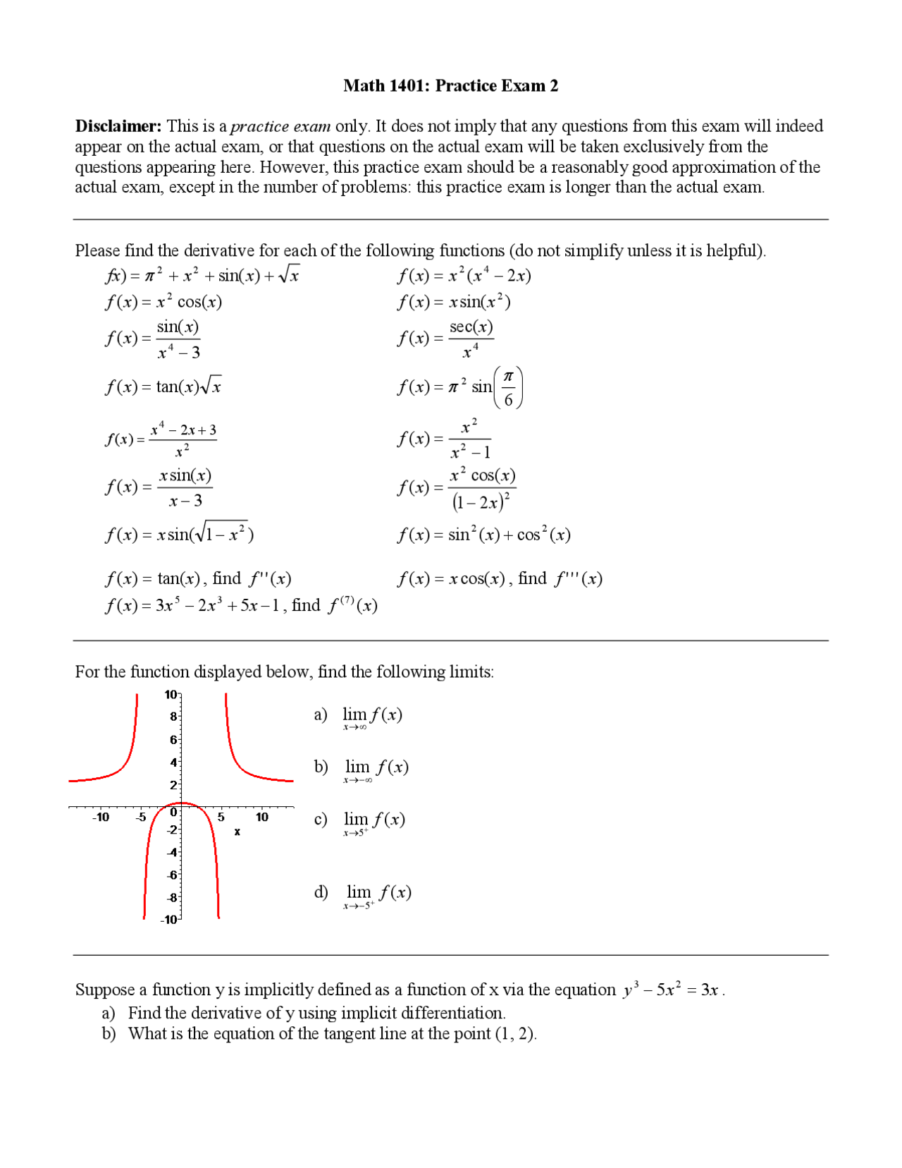 Practice Exam 2 for Calculus I | MATH 1401 - Docsity
