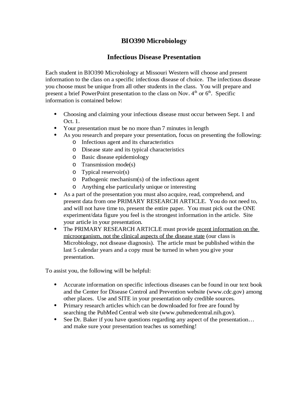 Assignment on Infectious Disease Presentation | BIO 390 - Docsity