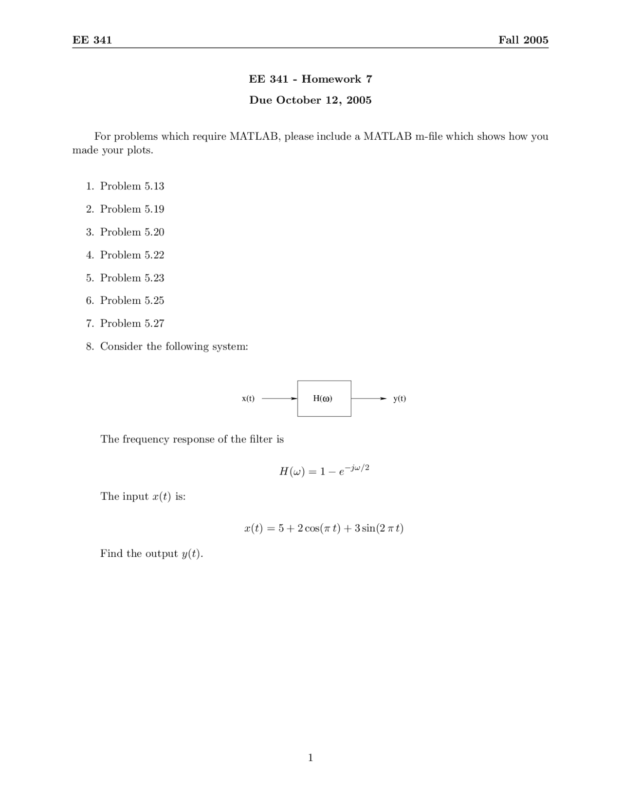 Homework 7 Continuous Time Signals And Systems Ee 341 Docsity