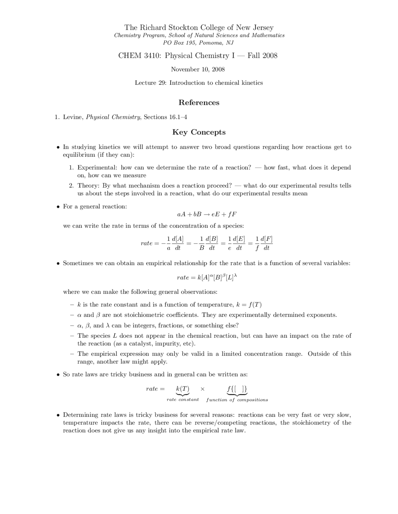 Introduction To Chemical Kinetics Lecture Notes Chem 3410 Docsity