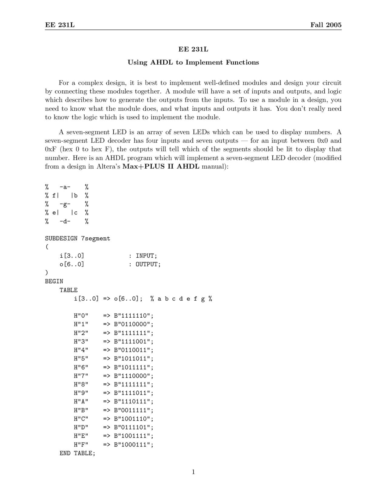 Using Altera Hardware Description Language Implement Functions | EE 231L - Docsity