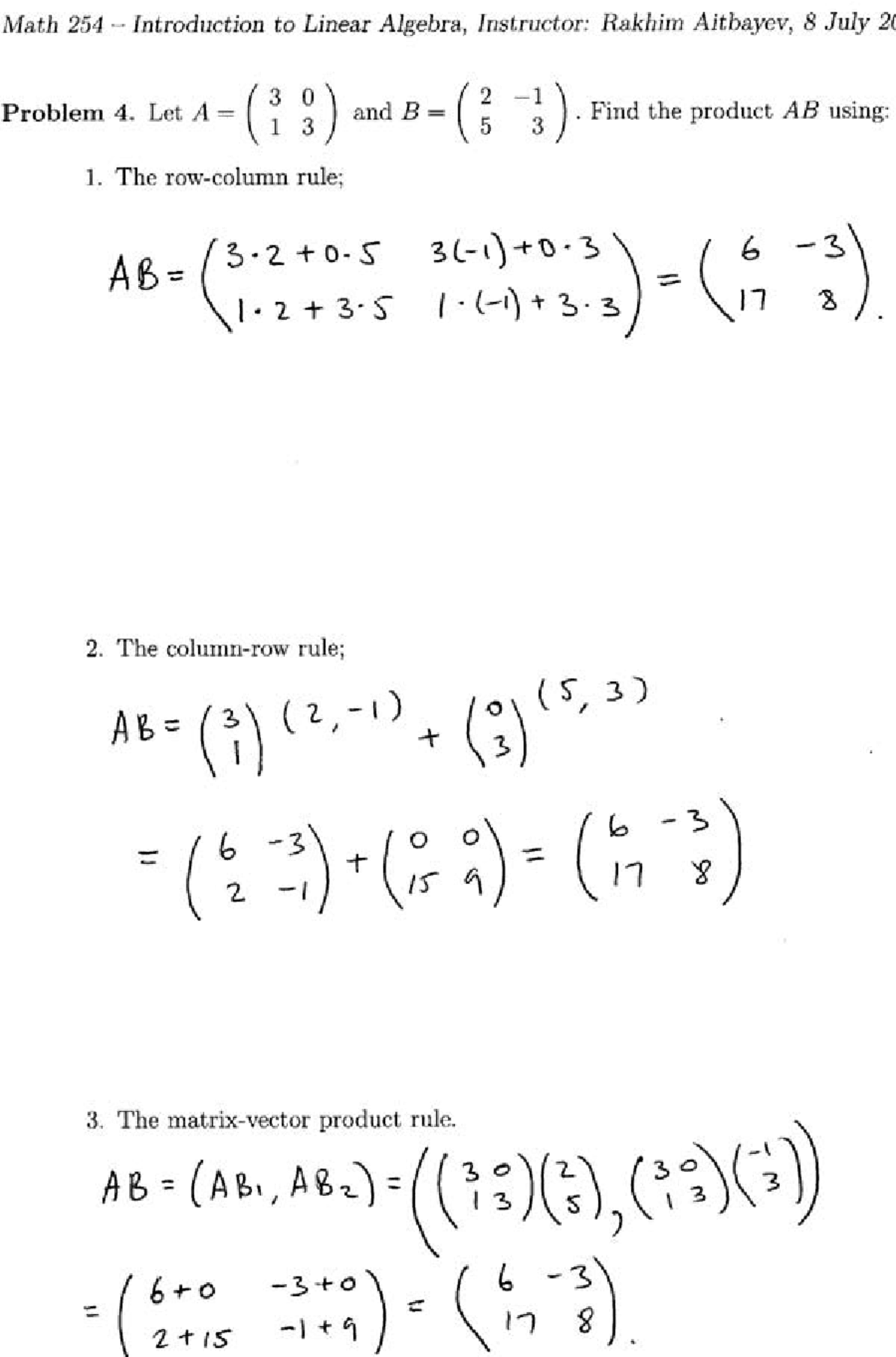 3 Questions with Solutions on Matrix Product Rule - Exam 1 | MATH 254 ...