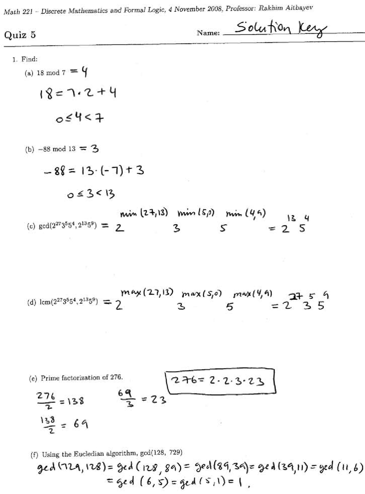 Quiz 5 With Solution Key Formal Logic And Discrete Mathematics Math 221 Docsity