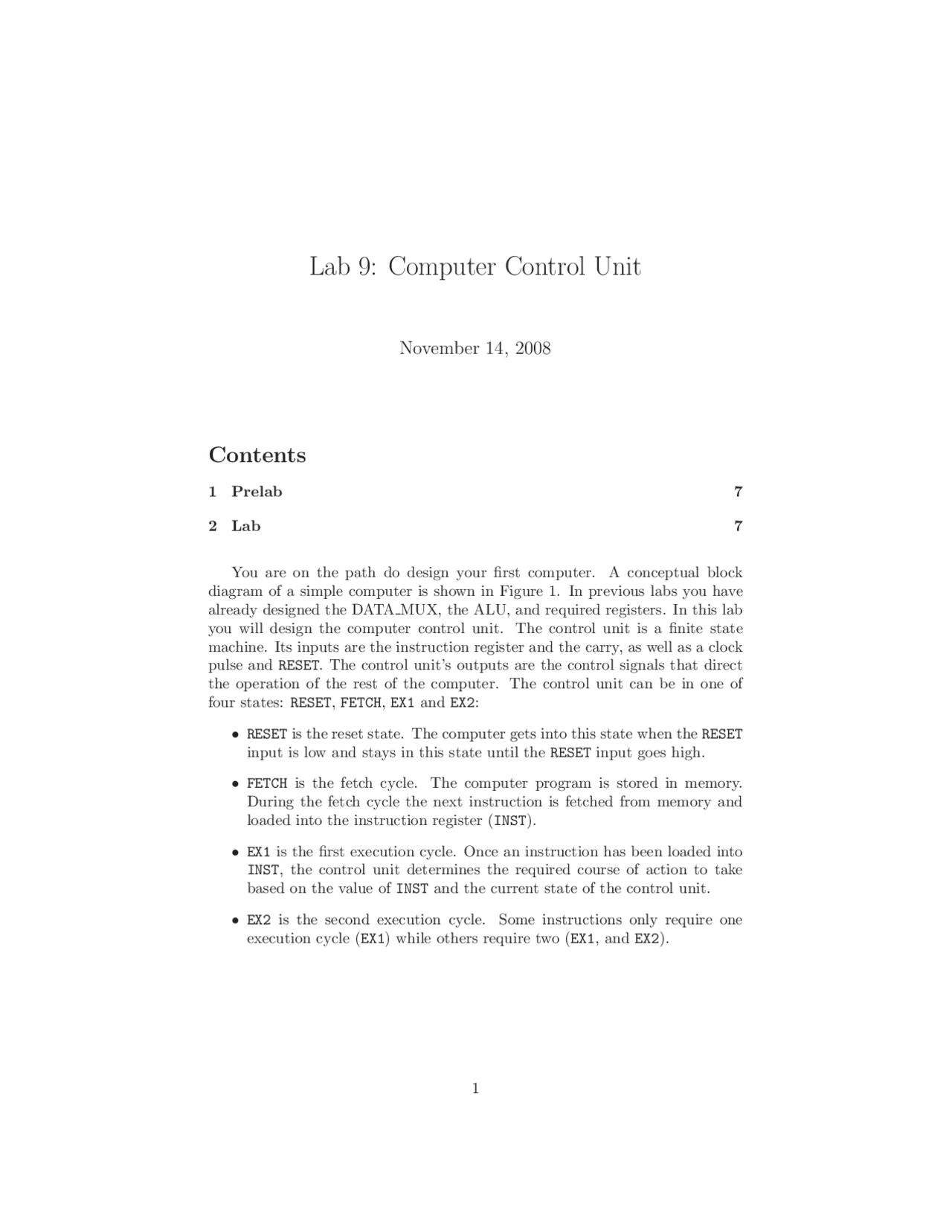 Computer Control Unit in Digital Electronics Lab | EE 231L - Docsity