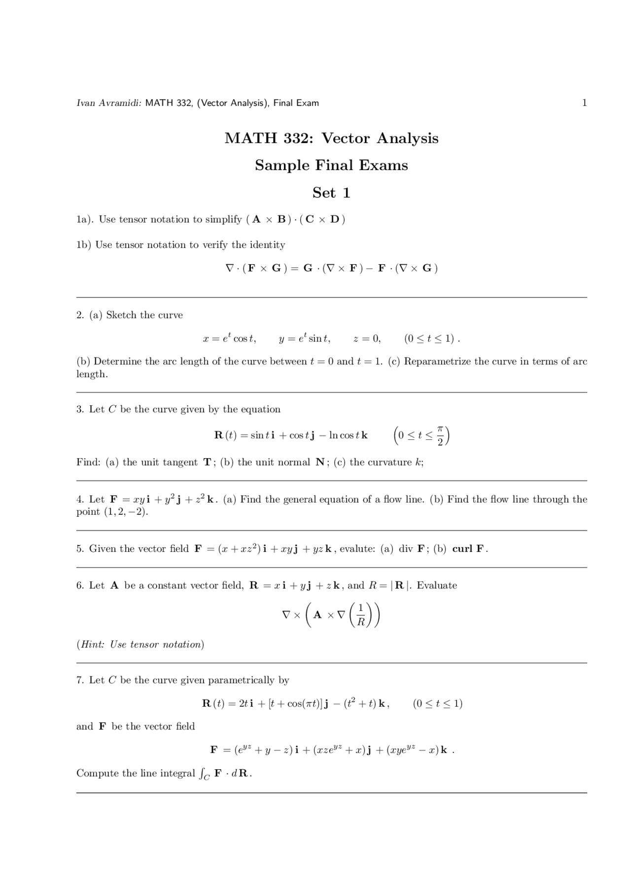 Sample Final Exam On Vector Analysis Math 332 Docsity
