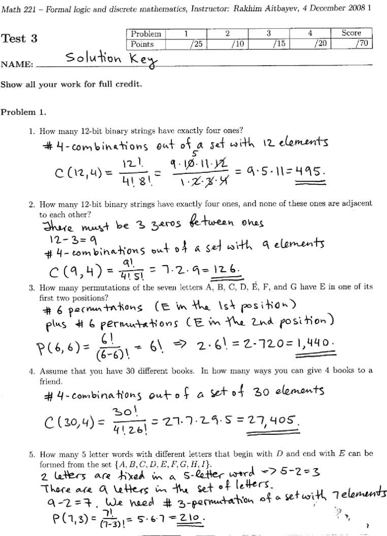 Test 3 With Solutions Formal Logic And Discrete Mathematics Math 221 Docsity