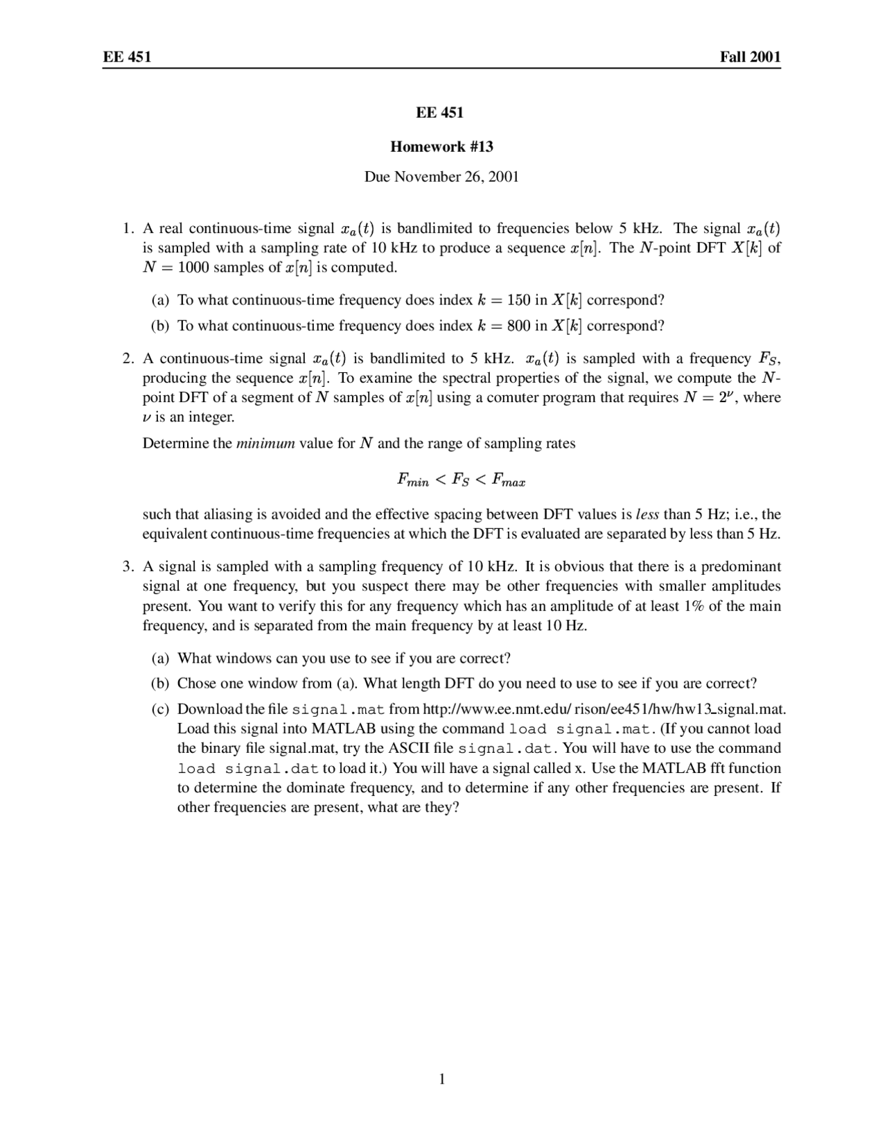 Homework 13 Digital Signal Processing Practice Questions Ee 451