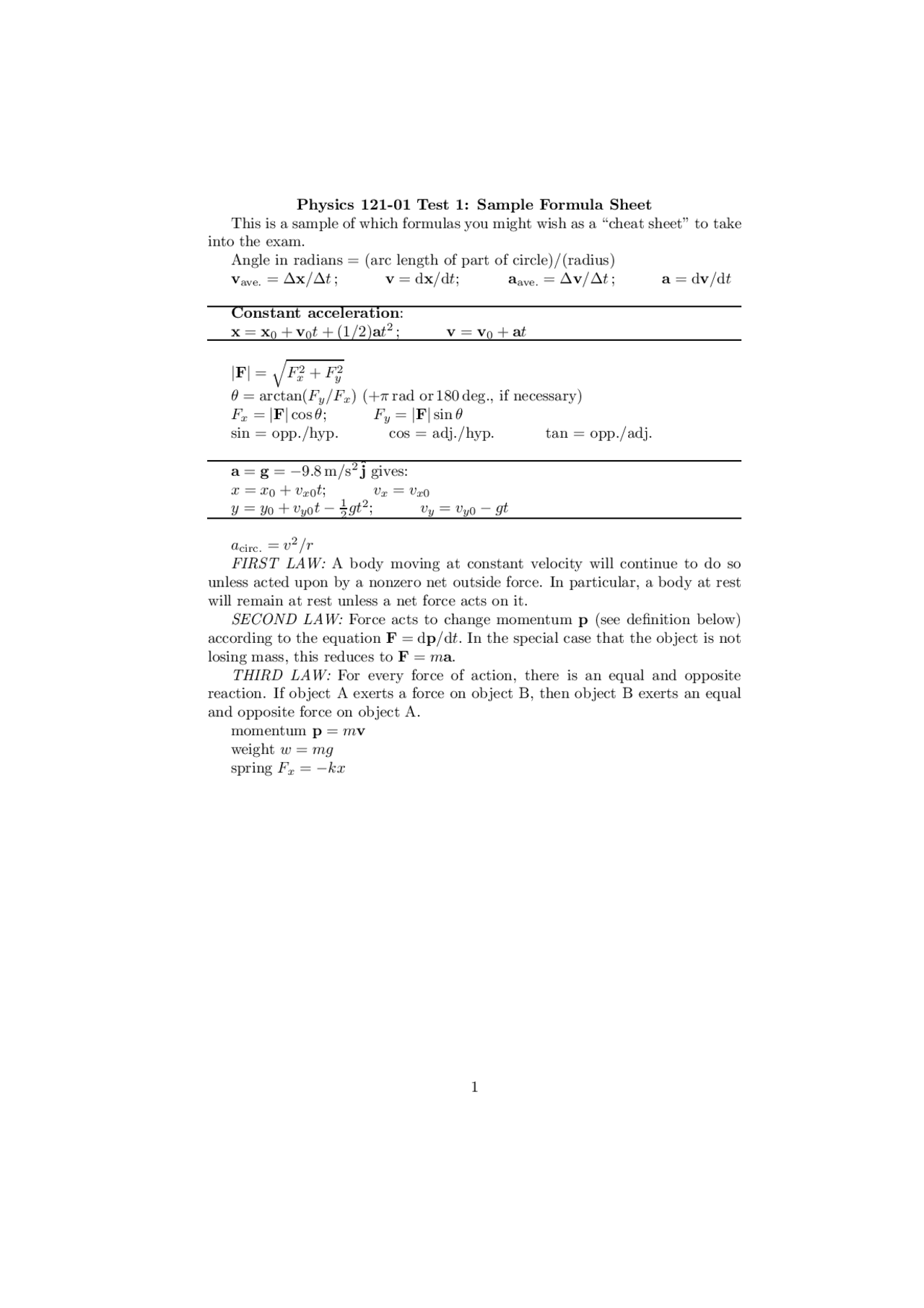 Sample Formula Sheet Test 1 General Physics I Phys 121 Docsity
