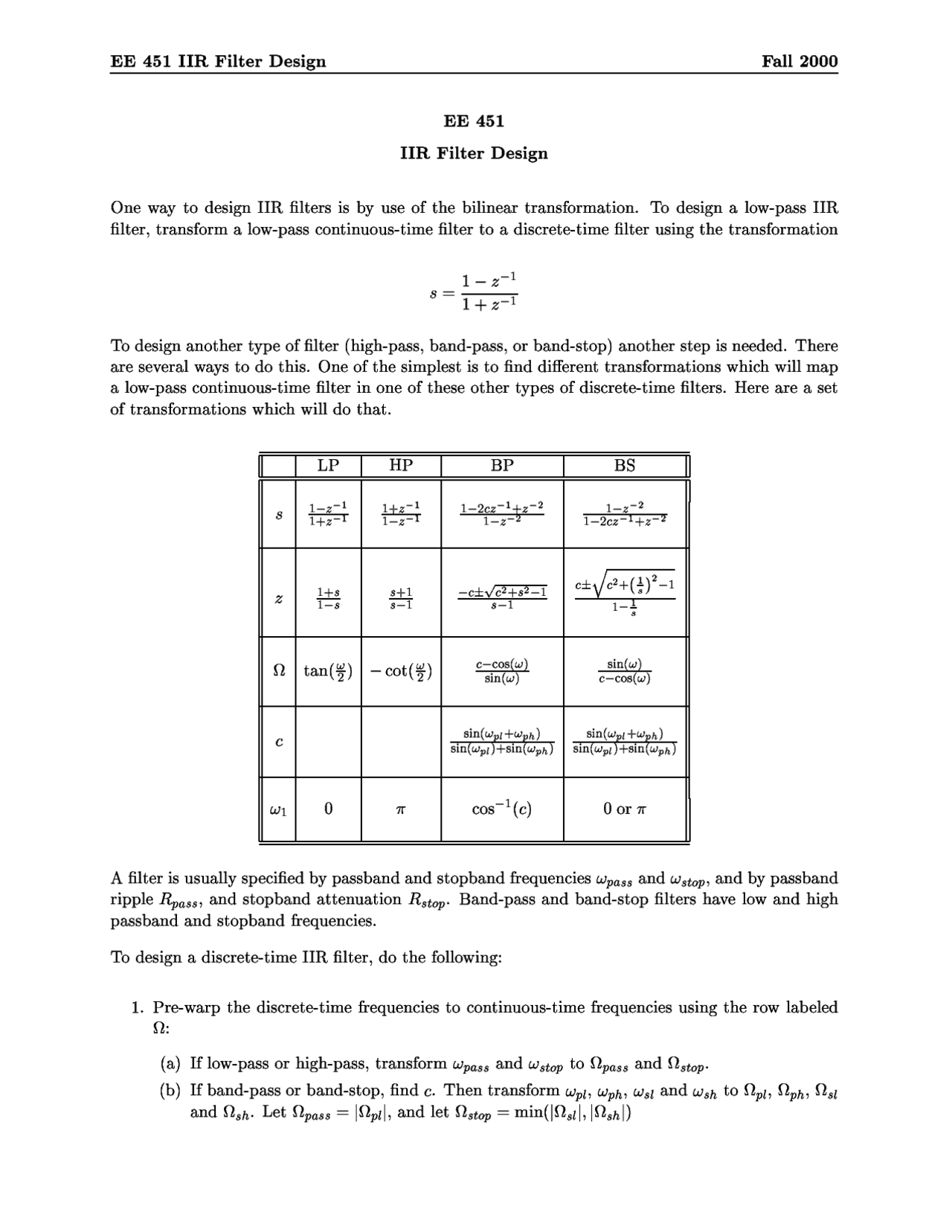 Iir Filter Design Digital Signal Processing Notes Ee 451 Docsity