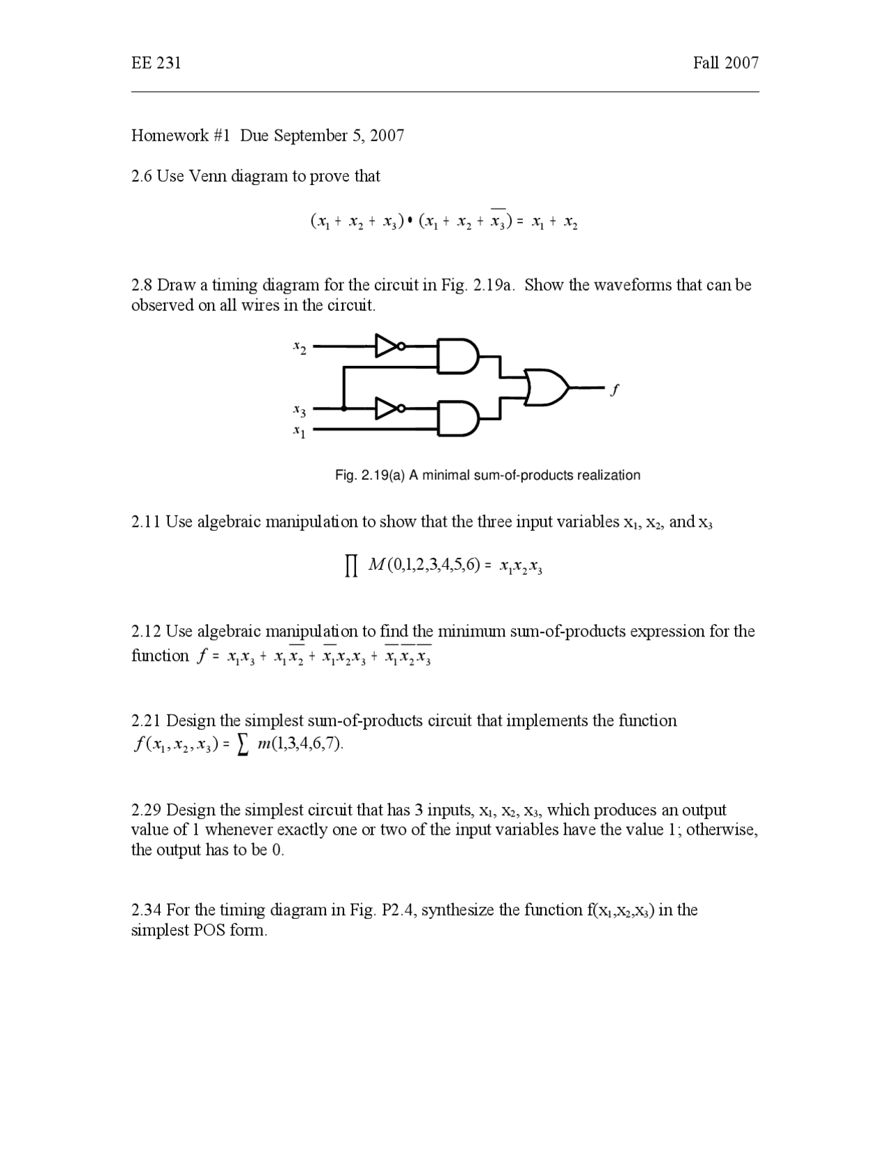 Homework 1 Problems Digital Electronics Ee 231 Docsity