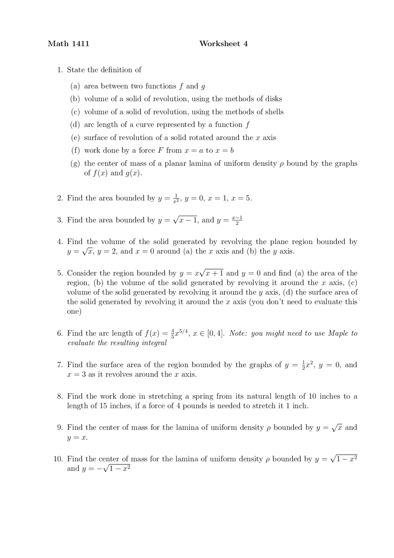 10 Problems for Calculus II - Worksheet #4 | MATH 1411 - Docsity