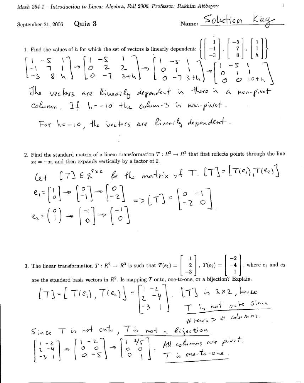Introduction To Applied Linear Algebra Solved Quiz 3 Math 254 Docsity