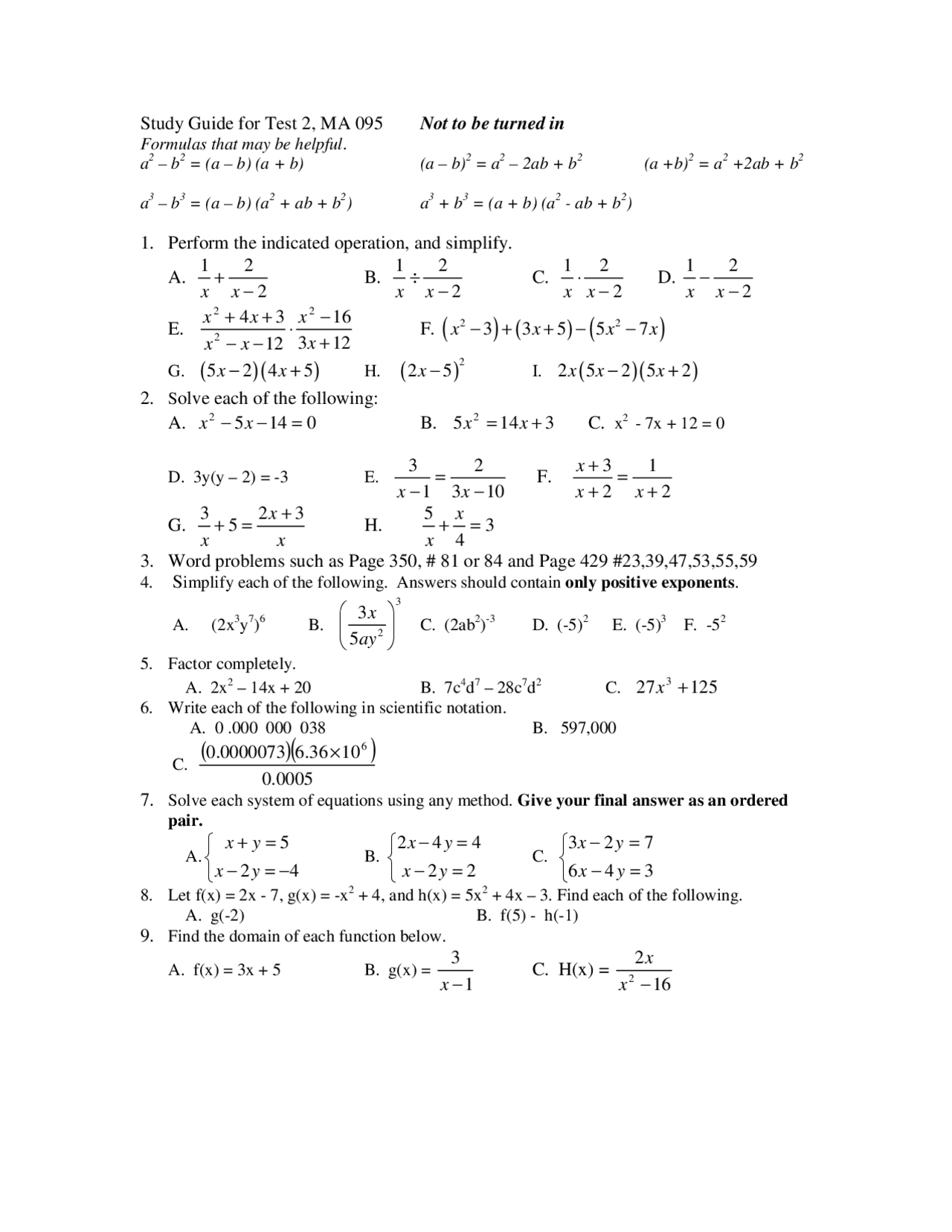 Study Guide for MA 095 Test 2 | Exams Algebra | Docsity