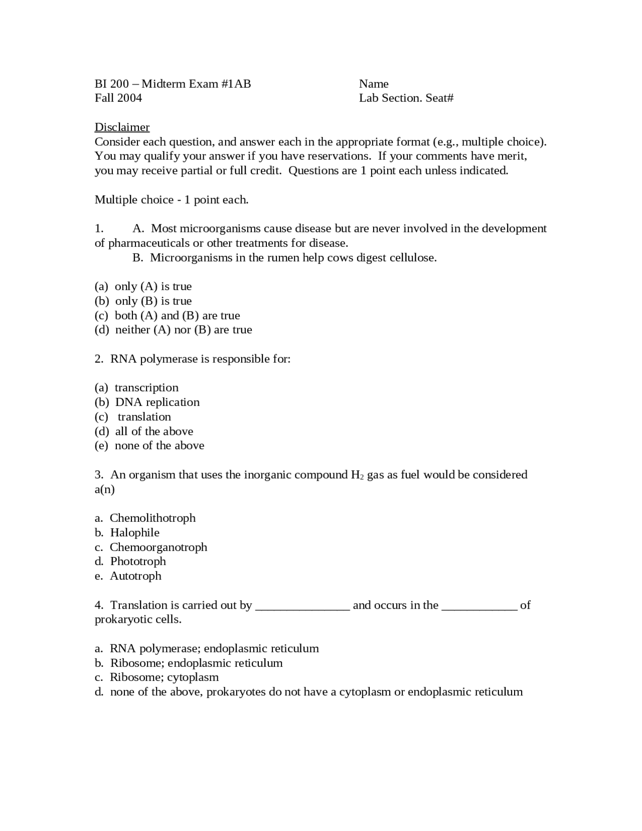 Questions on Introduction to General Microbiology - Midterm Exam | BI ...