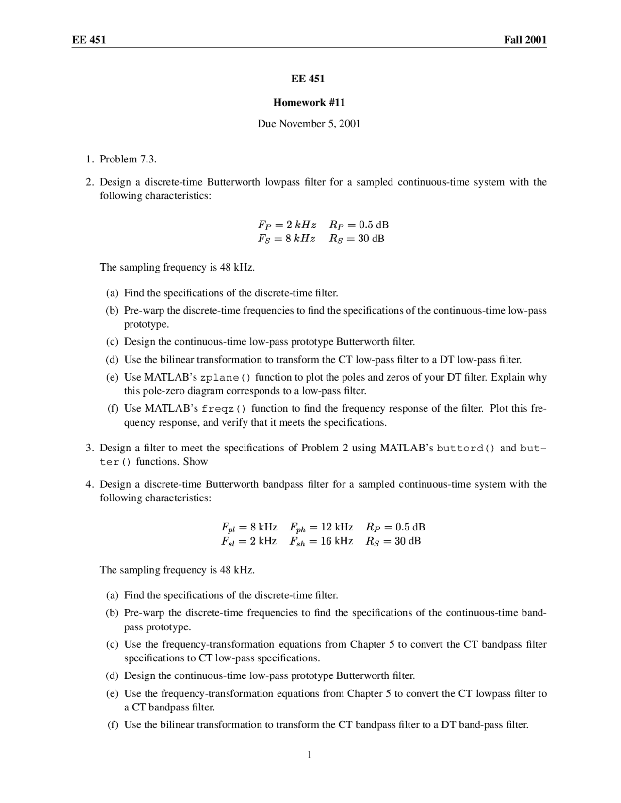 Homework 11 Problems Digital Signal Processing Ee 451 Docsity
