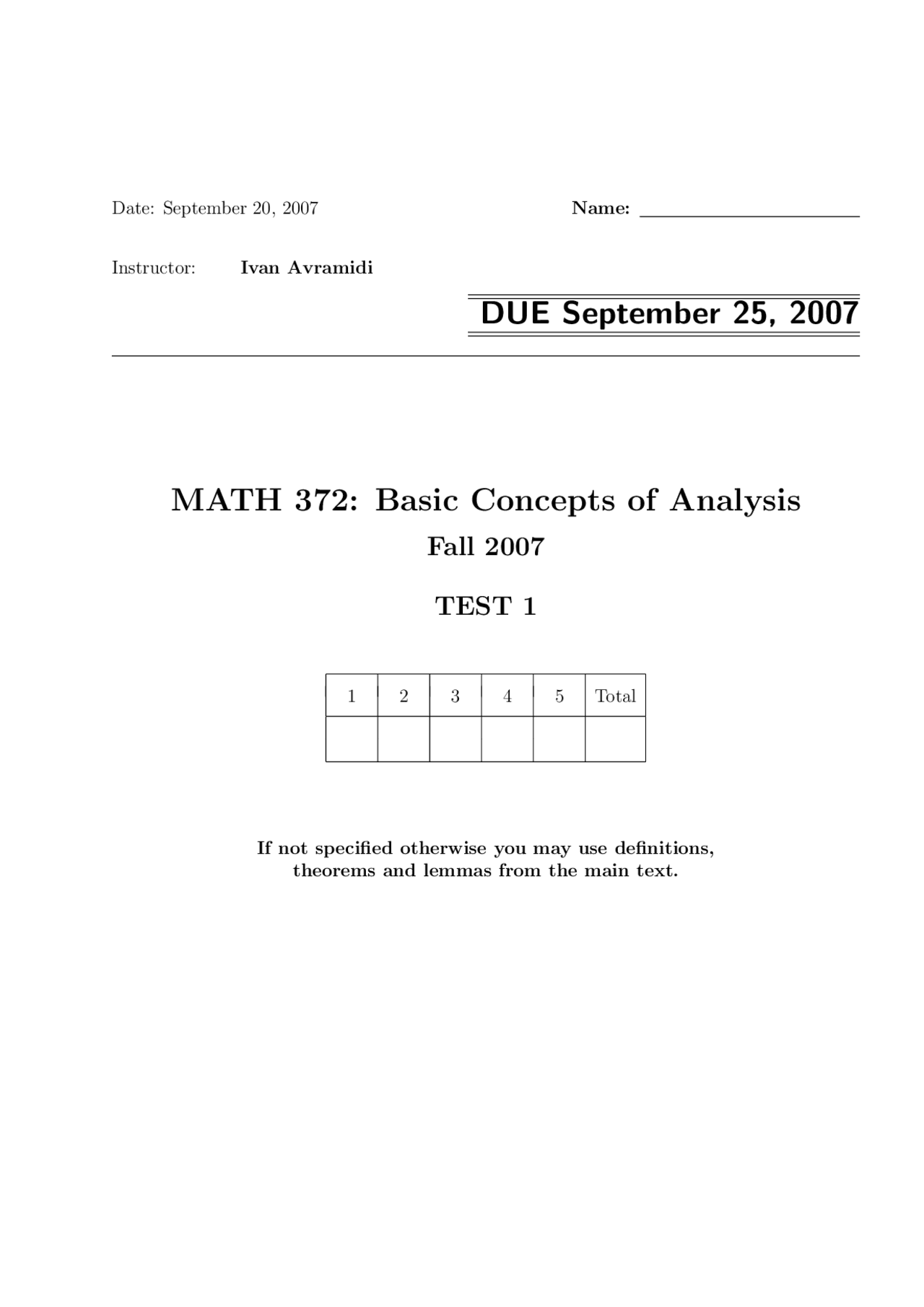 Exam 1 For Basic Concepts Of Analysis Math 372 Docsity