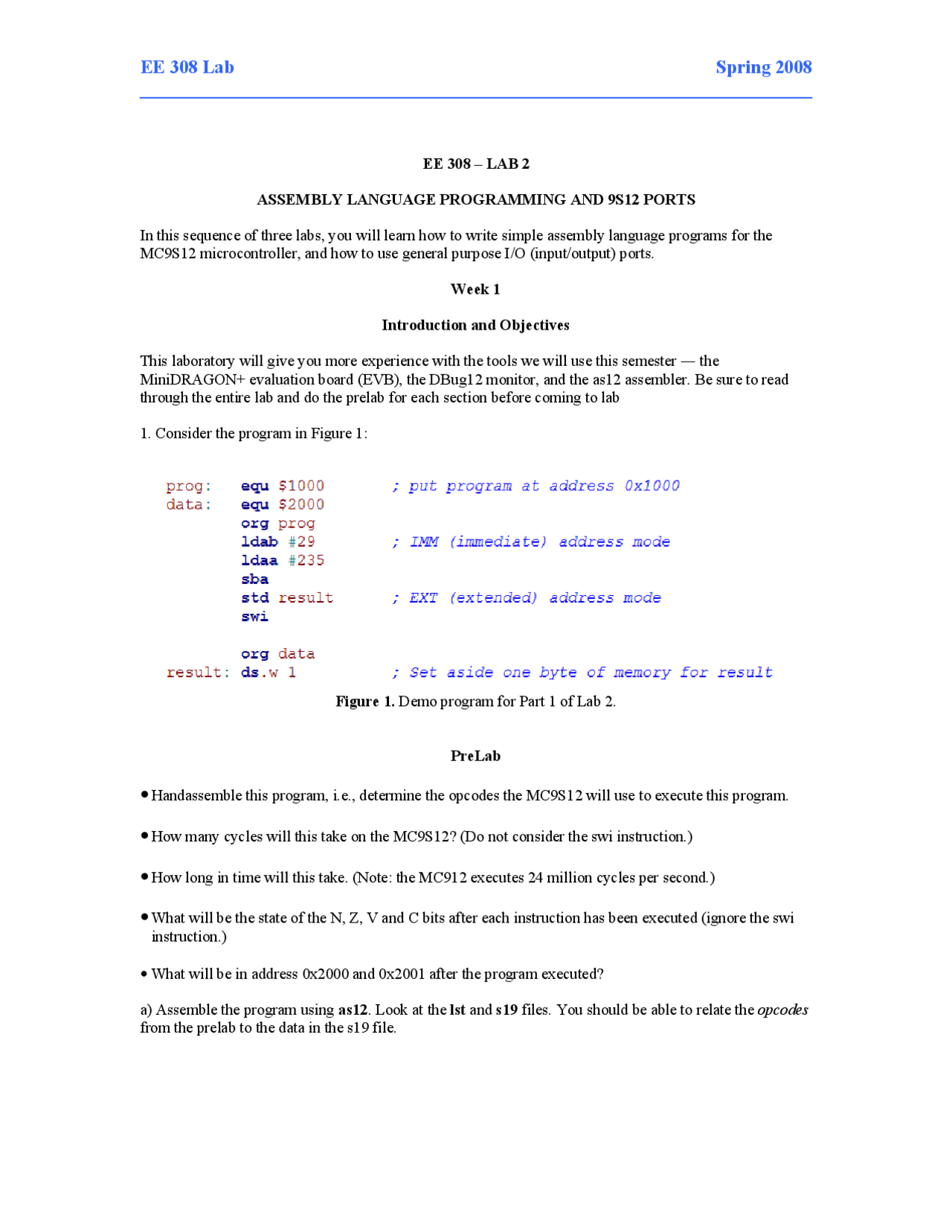 Assembly Language Programming In Microcontrollers Lab 2 Ee 308l Docsity