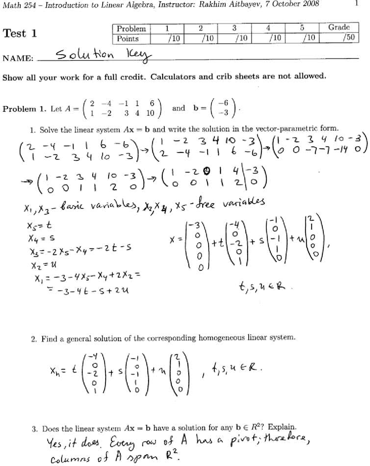 Introduction to Linear Algebra - Resolution for Exam 1 | MATH 254 - Docsity