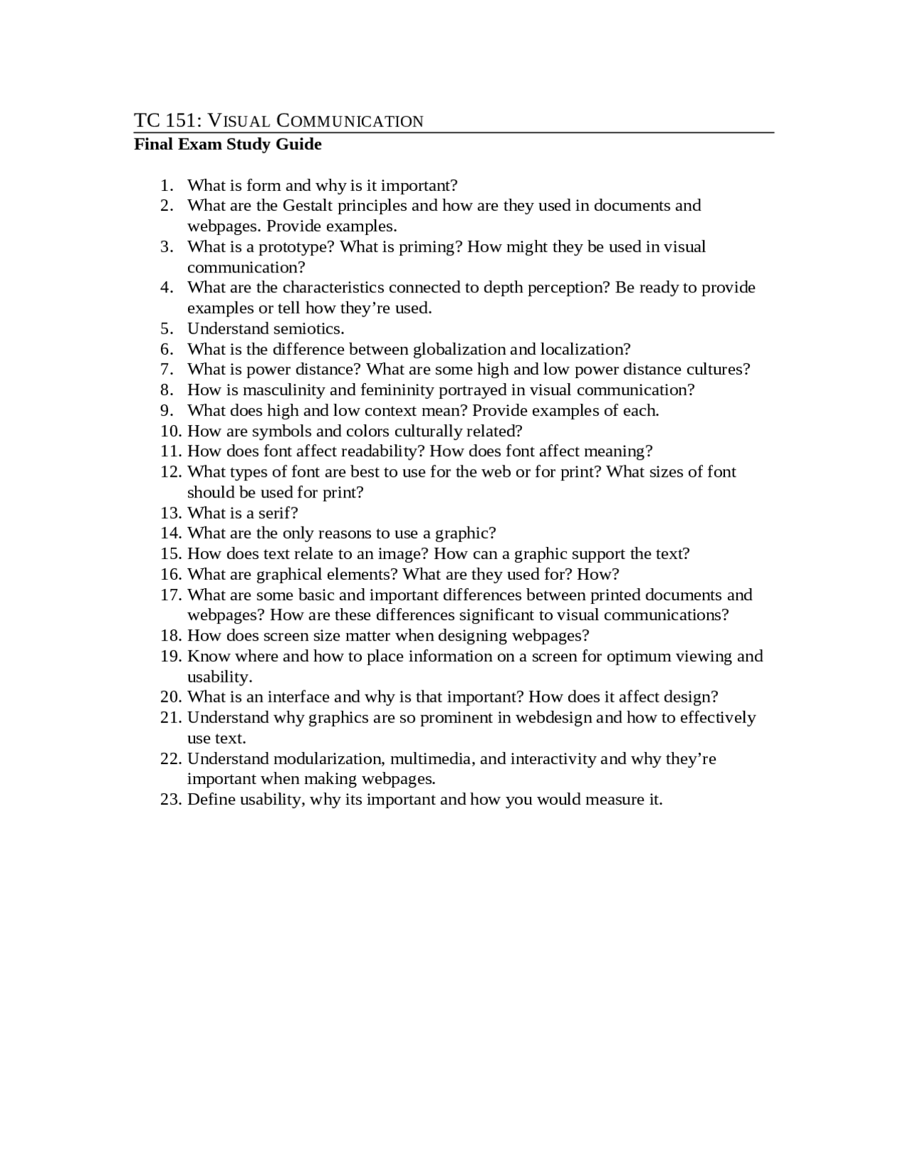 Final Exam Study Guide - Introduction to Visual Communication | TC 151 - Docsity