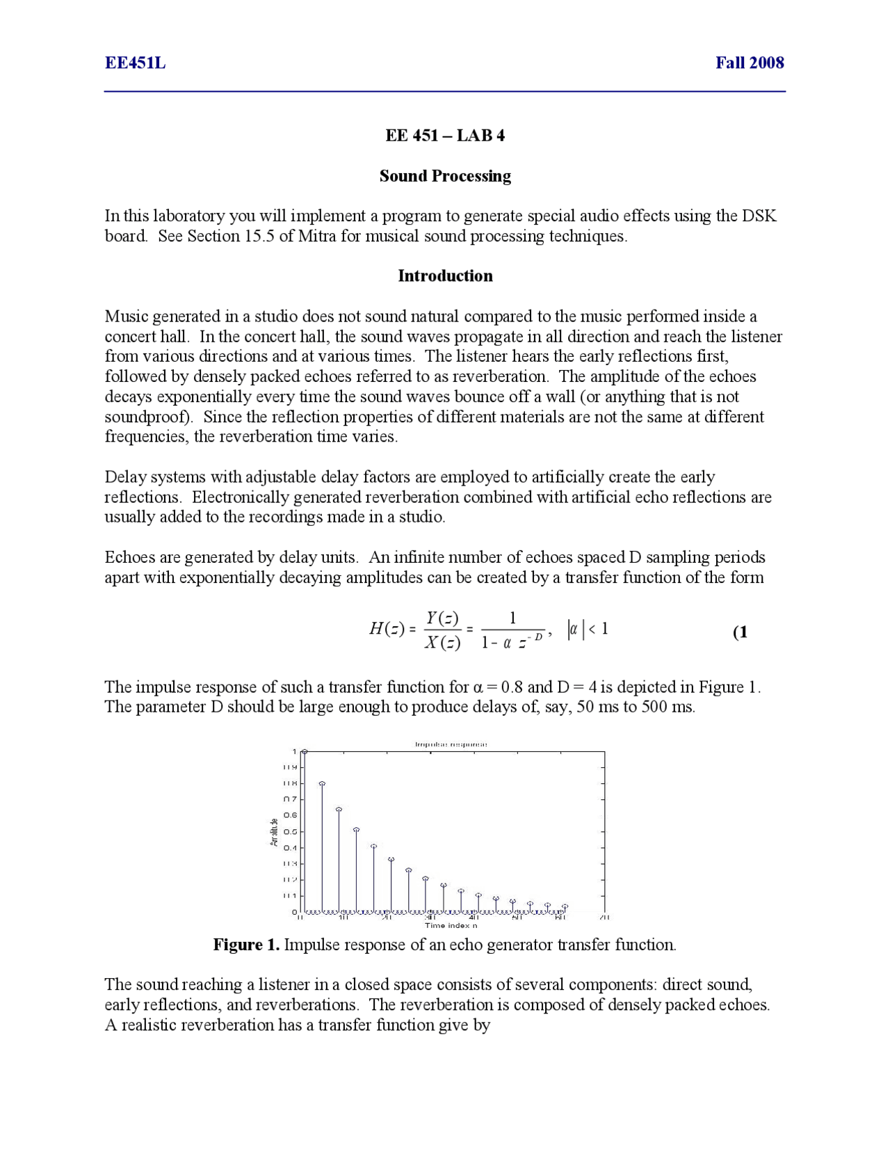 Lab 4: Sound Processing - Digital Signal Processing | EE 451 - Docsity