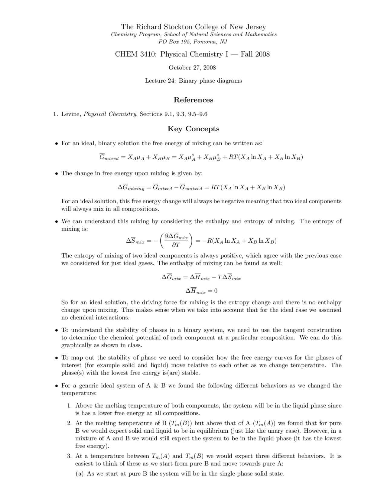 Lecture Notes on Binary Phase Diagrams - Physical Chemistry I | CHEM ...