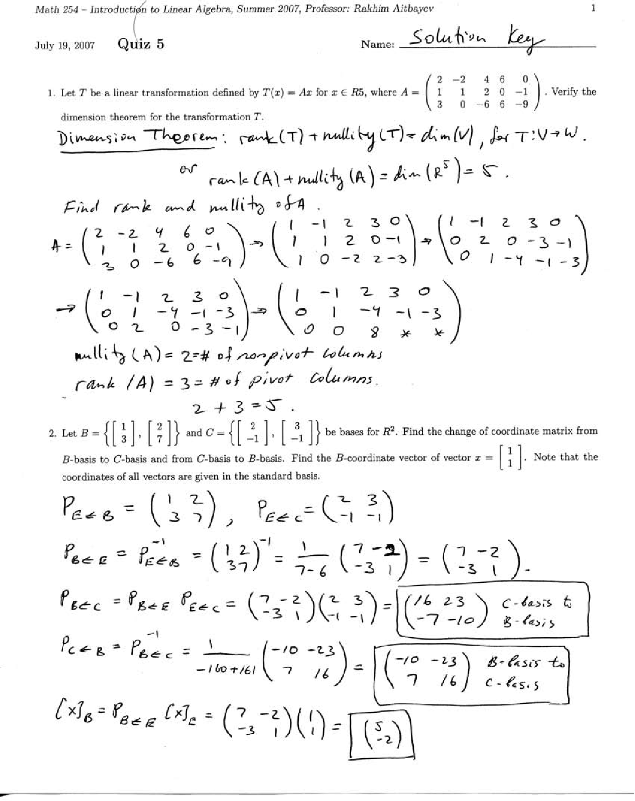 Quiz 5 Solutions Key - Introduction Applied Linear Algebra | MATH 254 - Docsity