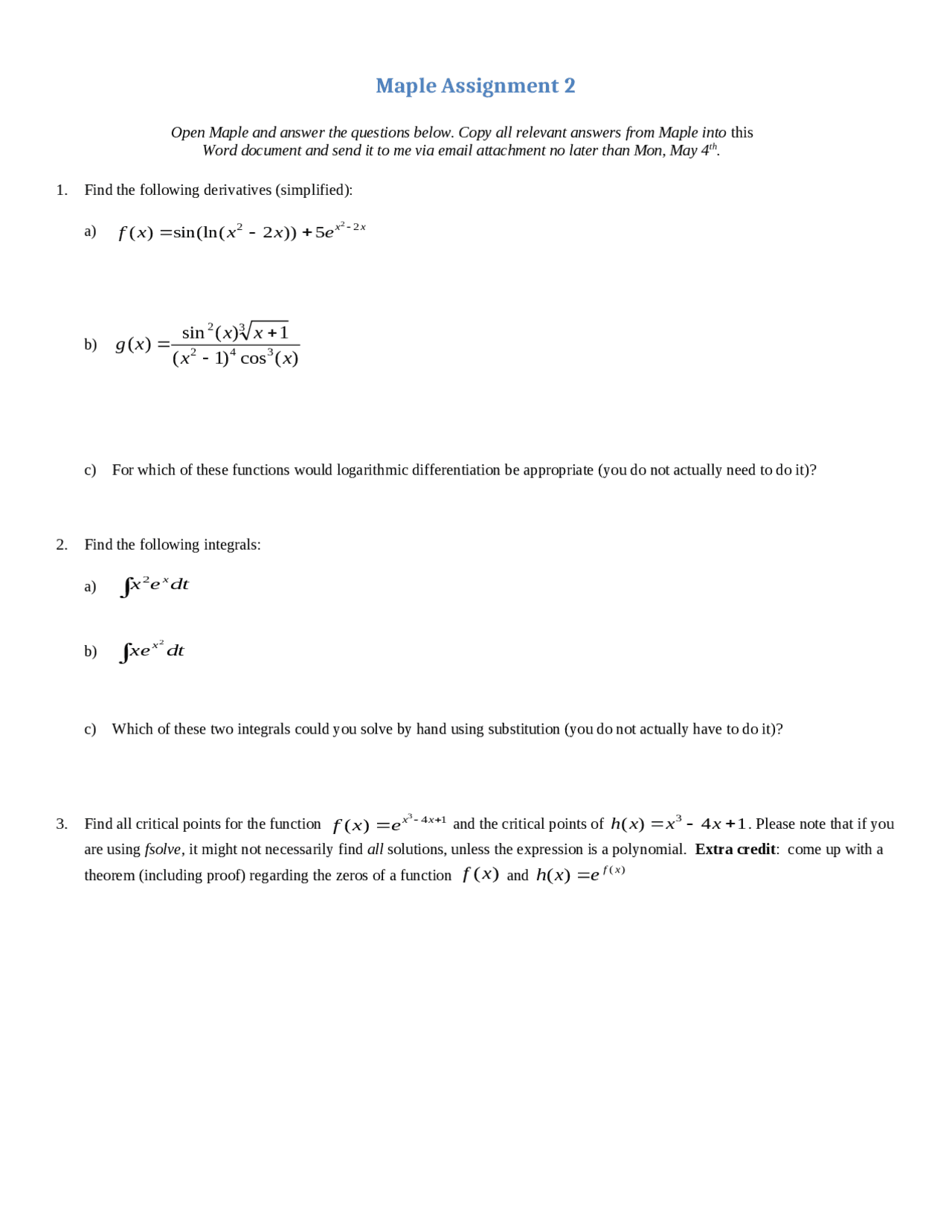 Maple Assignment 2 Practice Questions Project 2 Math 1501 Docsity