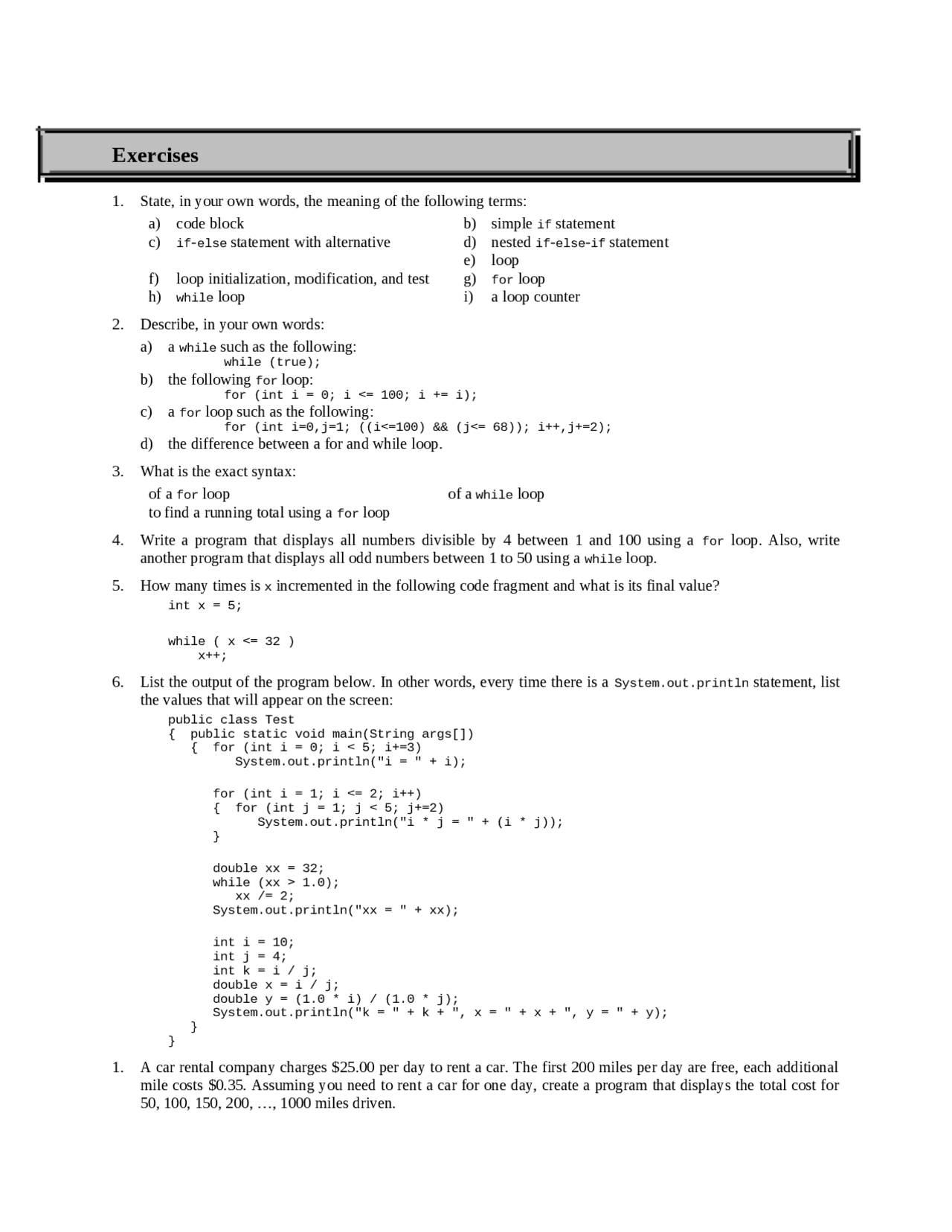 Practice Exercises Introduction To Computer Science I Csas 1111