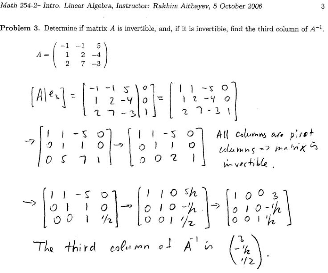 Test I Solved For Introduction To Applied Linear Algebra Fall 2006
