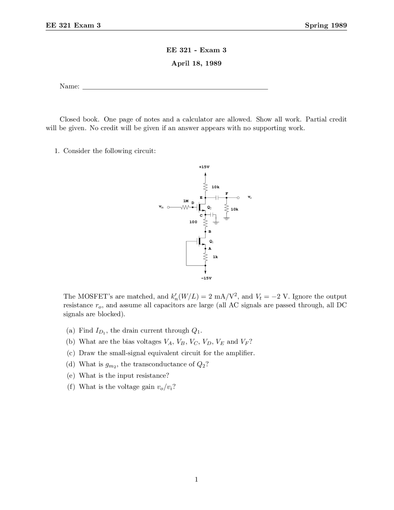 Solutions To Exam 3 Analog Electronics Ee 321 Docsity