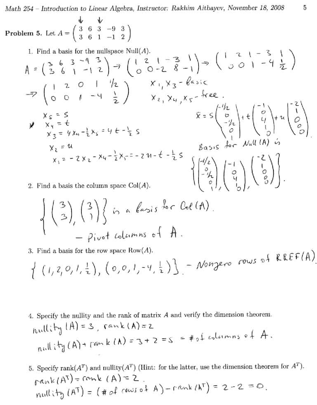 5 Solved Problems For Exam 2 Introduction Applied Linear Algebra Math 254 Docsity