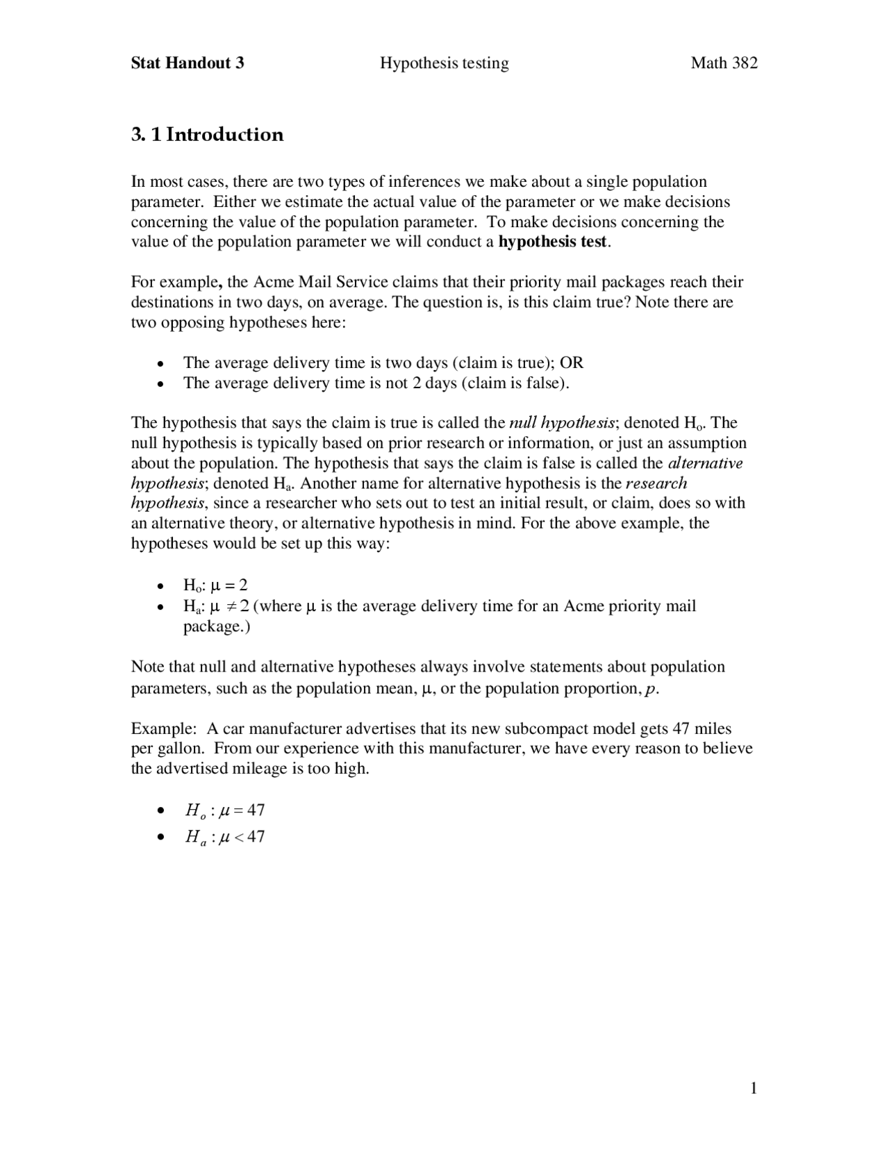 An Introduction To Hypothesis Testing Handout 3 Math 382 Docsity
