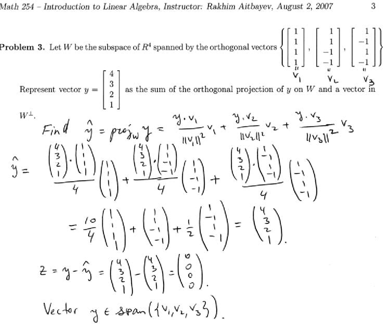 Solved Problems On The Orthogonal Vectors Final Exam Math 254 Docsity