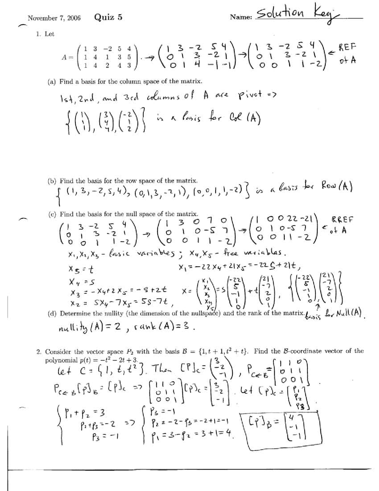Introduction to Applied Linear Algebra - Solution Key Quiz 5 | MATH 254 - Docsity