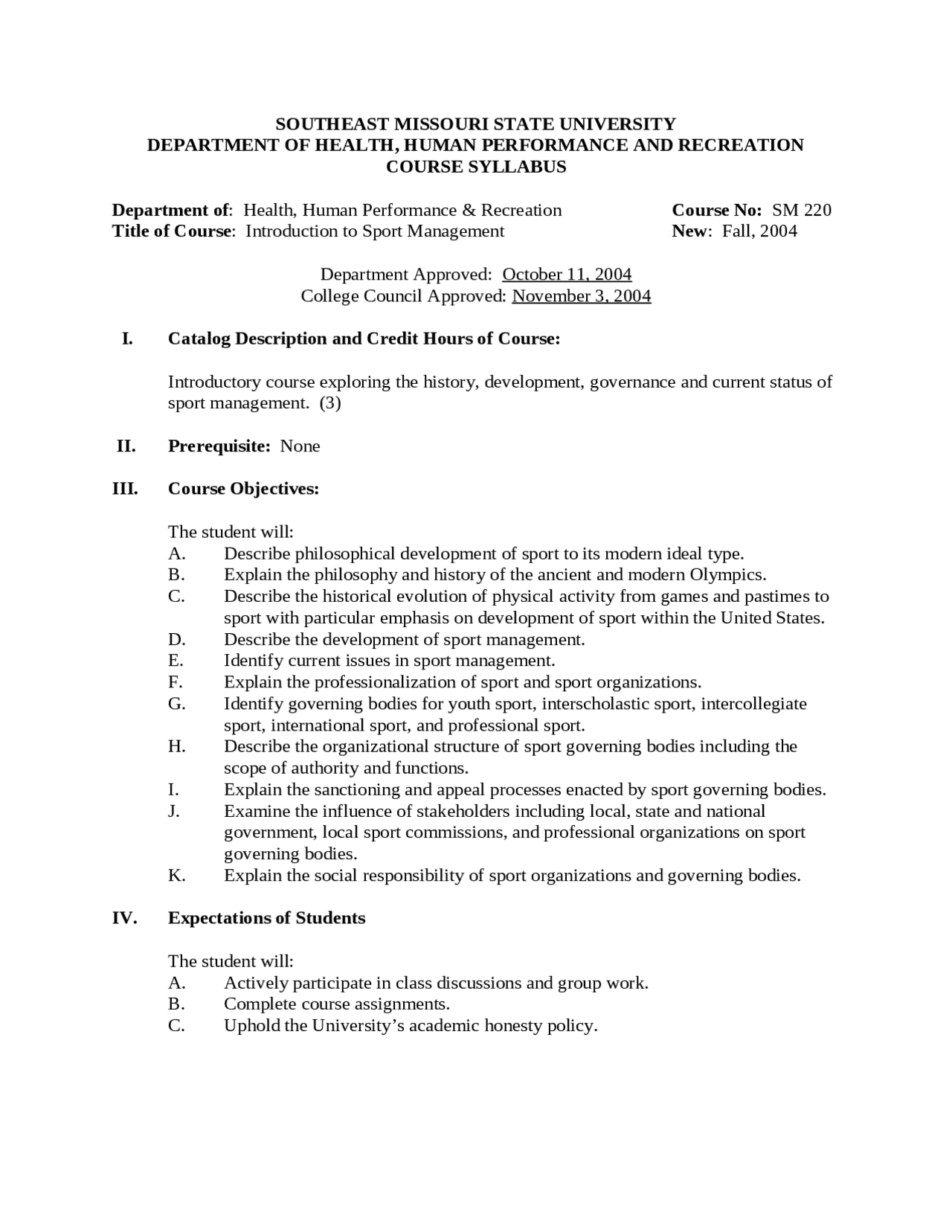Syllabus Schedule For Introduction To Sport Management Sm 220 Docsity