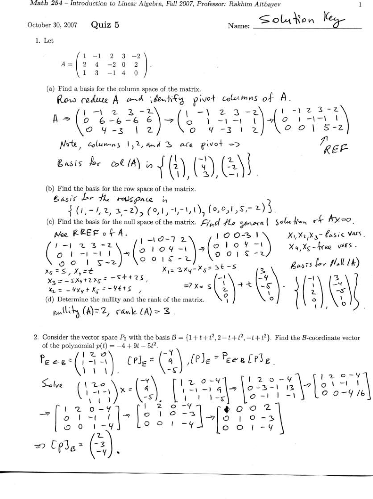 Solved Quiz 5 - Introduction to Applied Linear Algebra | MATH 254 - Docsity