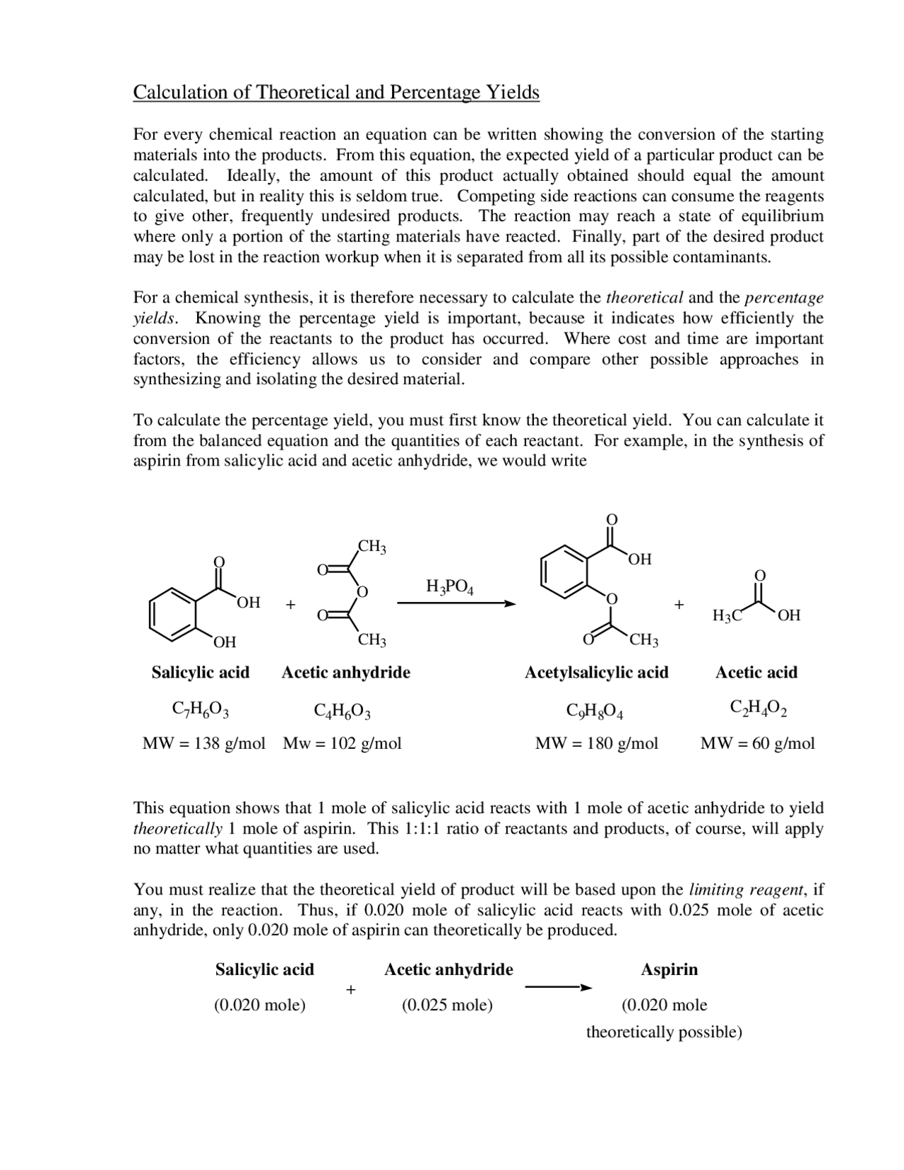 Lecture Notes on Calculation of Theoretical and Percentage Yields ...