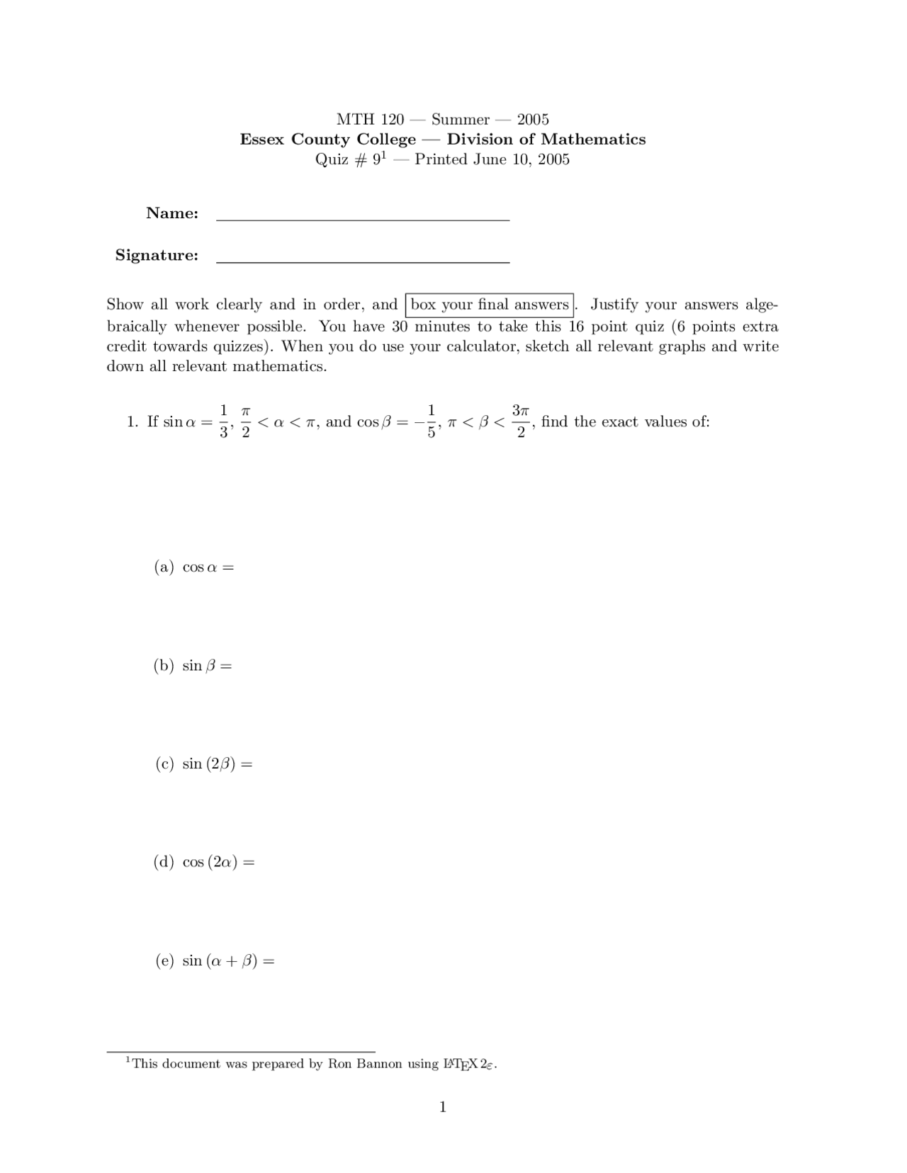 Quiz 9 Practice Problem On Pre Calculus Ii Mth 120 Docsity