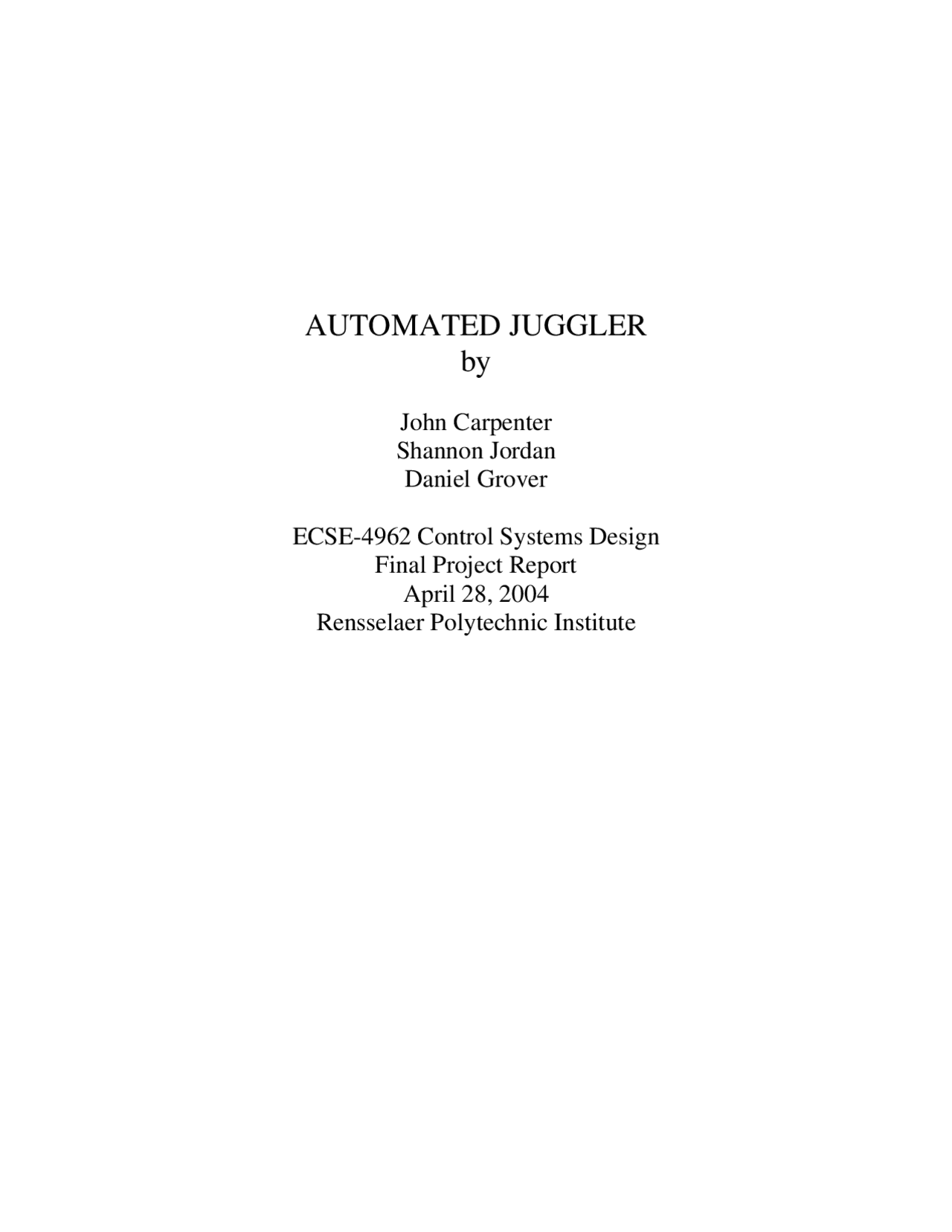 Automated Juggler Final Project Report Ecse 4962 Docsity