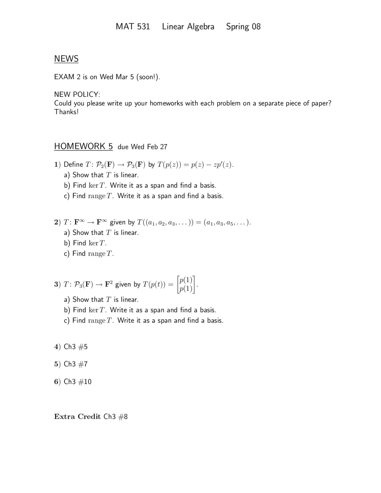 Linear Algebra Homework 5 Spring 2008 Mat 531 Docsity